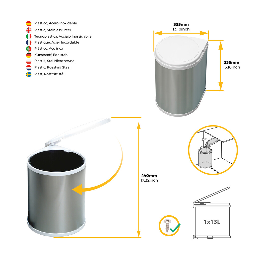 Recycling bin for fastening to door with container | Emuca