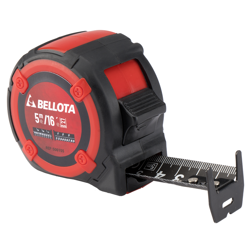 Flexómetro bimaterial negro en mm y pulgadas 5 m x 27 mm / 500155 | Bellota