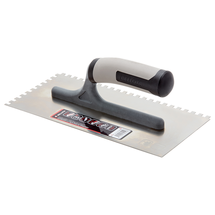 U notched stainless steel trowel with open bi-material handle for ...