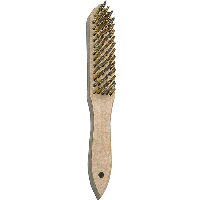 Hand brush with wood handle, made of brass coated steel straight wire ...