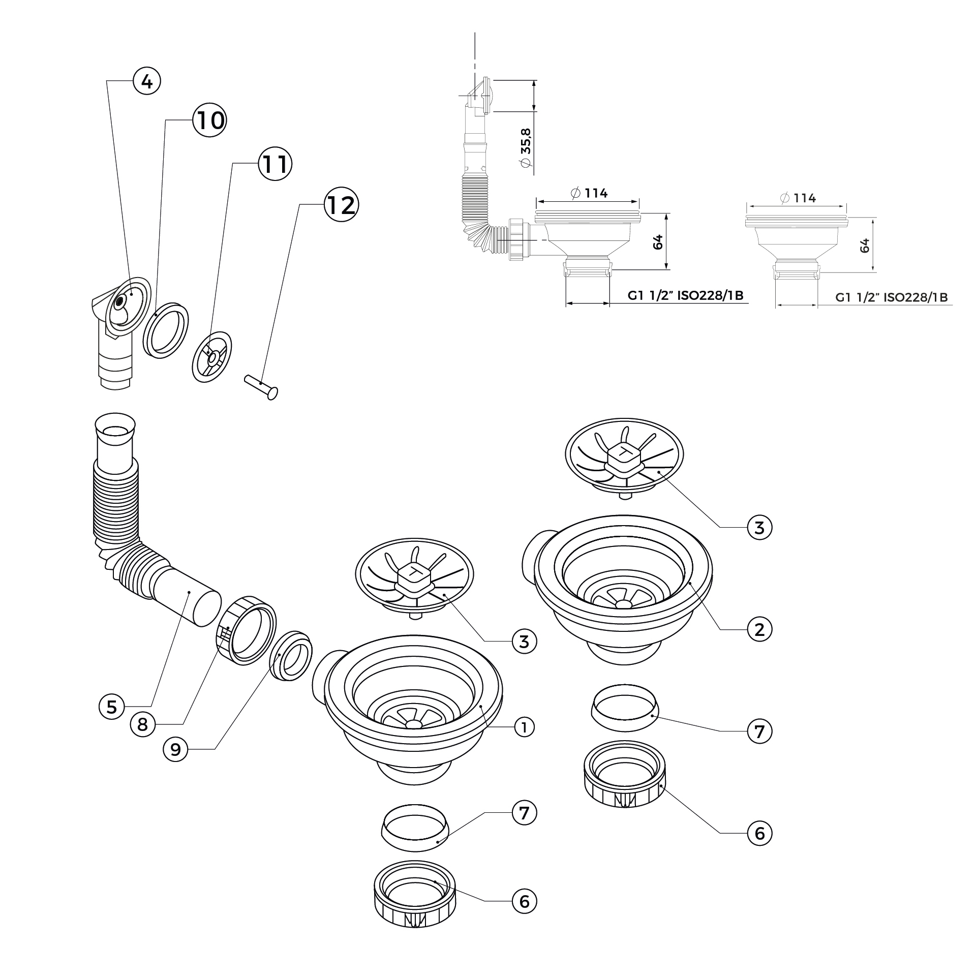 Kitchen Spare Parts Basket waste set helixpro 1½b/2b w/wo/ovf rnd | Teka